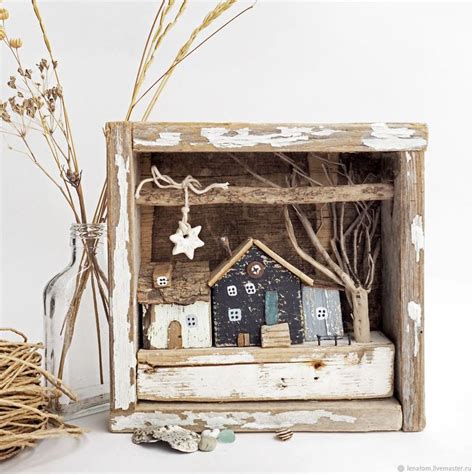 `Вечерний свет` Картина домик дрифтвуд арт Идеи для поделок Украшение для дома своими руками