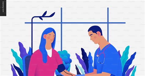 의료 검사 파란색 혈압 테스트 혈압 측정 절차의 현대 평면 벡터 개념 디지털 그림 미터 의료 사무실 또는 실험실이 있는 환자와 의사 벡터 Unsplash의