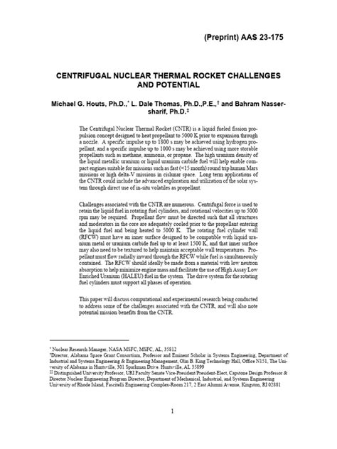Centrifugal Nuclear Thermal Rocket Challenges 1 1 Pdf Rocket Propellant Propellant