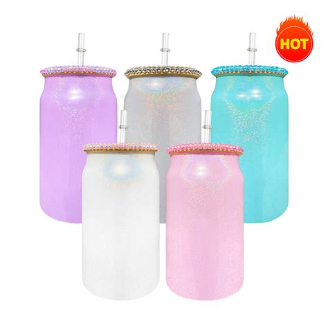 16oz Shimmer Glitter Glass With Diamond Lids Clear Sparkling