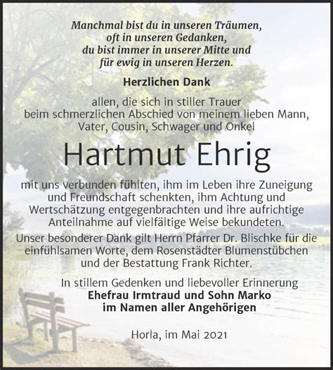 Traueranzeigen Von Hartmut Ehrig Abschied Nehmen De
