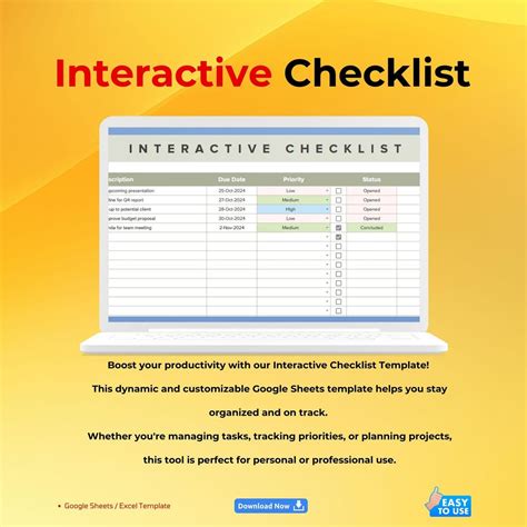 Interactive Checklist Template Google Sheets Tool Editable Task Tracker To Do List Planner
