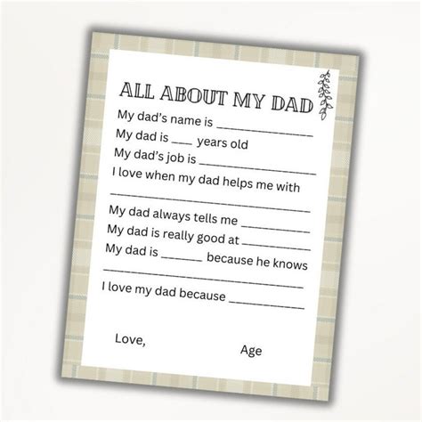 All About My Dad Printable Fill In The Blank Fathers Day Birthday