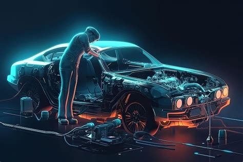 Mecánico Reparando Un Automóvil Sobre Fondo Oscuro 3d Rendering