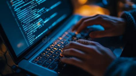 Hands Typing Code On A Laptop With An Orange Backlit Keyboard Representing It Development And