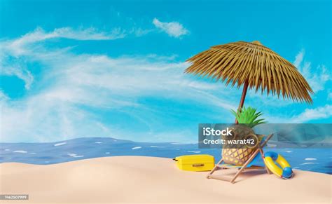우산 야자수 구명 부표 해변 파인애플 선글라스 푸른 하늘 배경에 격리 된 여행 가방이있는 해변 의자 여름 여행 개념 3d 그림 또는 3d 렌더링 3차원 형태에 대한 스톡