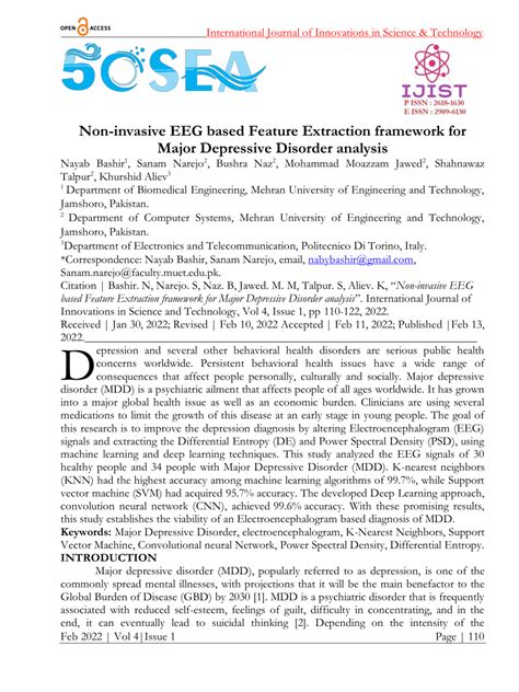 Pdf Non Invasive Eeg Based Feature Extraction Framework For Major