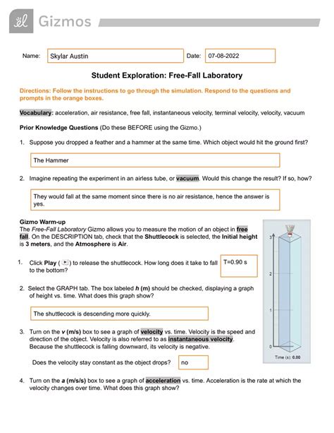 Free Fall Laboratory Gizmo Answer Key Virtual High Babe Worksheets Library