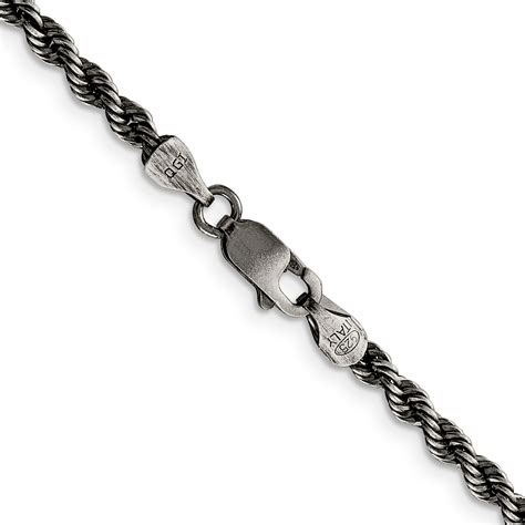 26 Inch Sterling Silver Ruthenium Plated 34mm Rope Chain Necklace