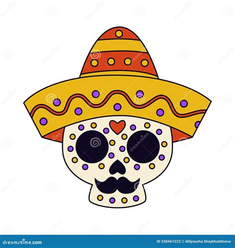 Vector Illustration Of Cartoon Mexican Skull In Hat On White Background