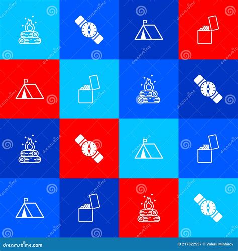 Set Campfire Compass Tourist Tent With Flag And Lighter Icon Vector