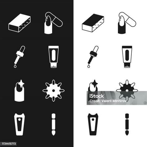 핸드 크림 튜브 오일 피펫 네일 파일 매니큐어 인조 손톱 큐티클 푸셔 및 커터 아이콘을 설정합니다 벡터 0명에 대한 스톡 벡터