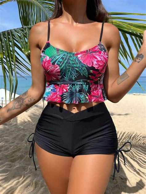 Multicolor Collar Tropical Embellished High Stretch Swimming And Beach