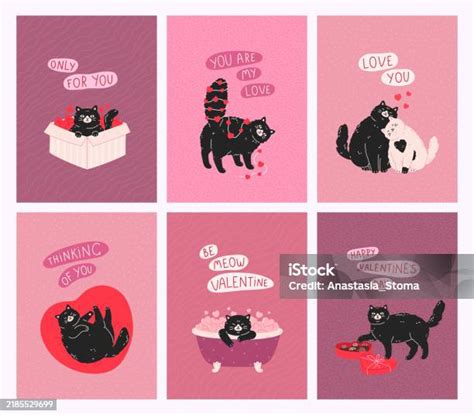 손으로 그린 인사말 카드 세트로 발렌타인 데이와 귀여운 고양이와 사랑 베개에 누워 있는 새끼 고양이 선물 상자에 앉아 있는 새끼 고양이 그리고 함께 있는 모습 만화 낭만적