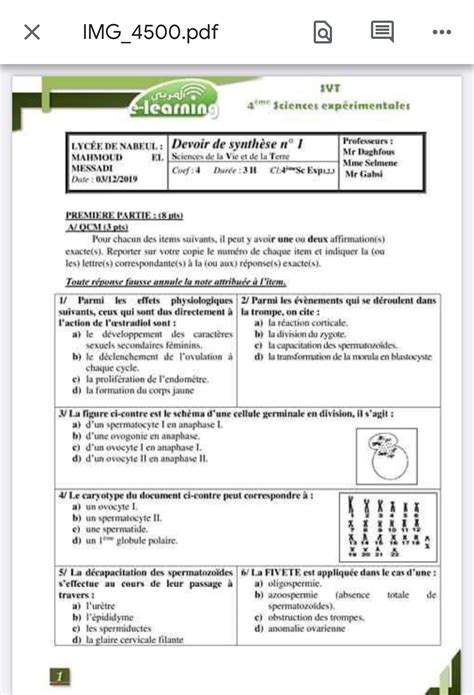 Exemple 1devoir De Synthèse N1 Svt Avec Correction
