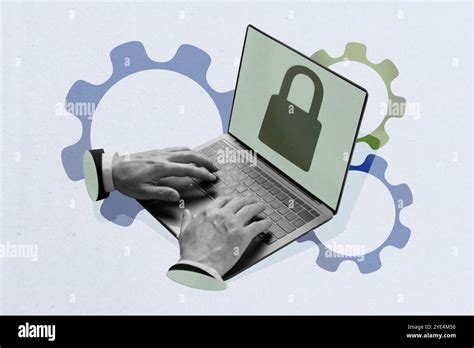 Composite Photo Collage Of Hacker Hands Type Blocked Password Lock