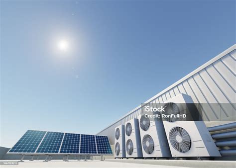 옥상에 태양 전지판 응축기 장치 또는 압축기에 있는 광전지의 3d 렌더링 미래를 위한 시스템 기술로 에코 빌딩 전력 또는 직류 전기를 생성합니다 캠핑카에 대한 스톡 사진 및