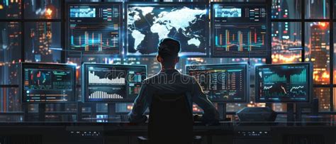 Man Monitoring Multiple Screens In Cyber Security Control Room High