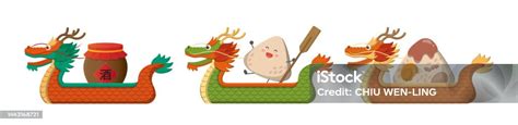 3 종류의 용 모양의 보트와 아시아 드래곤 보트 축제의 요소 와인 배럴과 찹쌀 음식과 쌀 만두 마스코트 드래곤 보트에 대한 스톡 벡터 아트 및 기타 이미지 Istock