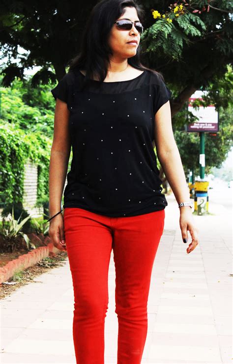 Style Book Red Skinny Jeans With Black Top
