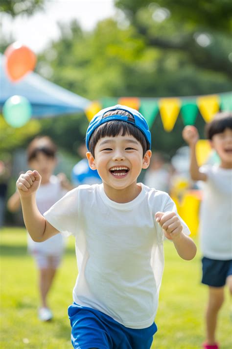 운동회 현장에서 다양한 활동을 즐기는 한국인 아이들 화창한 날씨 아래 각종 스포츠 경기가 펼쳐지는 모습 팀별로 나뉘어