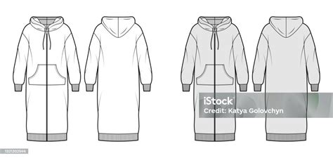 드레스 지퍼 업 후드 기술 패션 일러스트 와 긴 소매 캥거루 파우치 리브 커프 오버사이즈 무릎 스커트 0명에 대한 스톡 벡터