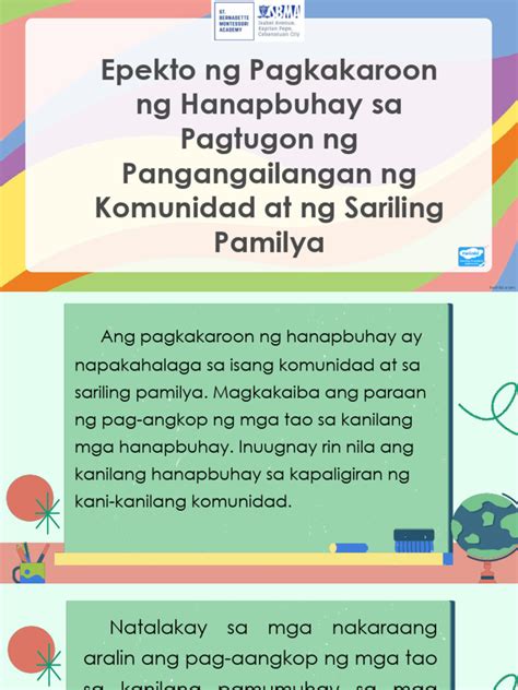 Epekto Ng Pagkakaroon Ng Hanapbuhay Sa Pagtugon Ng Pangangailangan Ng