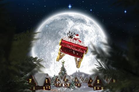 Premium Photo Santa Flying His Sleigh Against Christmas Village Under