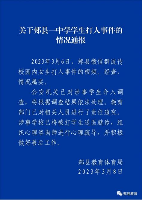 河南郏县教体局通报“校内女生打人”视频：属实，公安已介入直击现场澎湃新闻 The Paper
