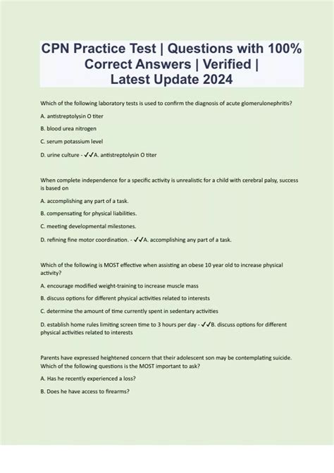 Cpn Practice Test Questions With 100 Correct Answers Verified Latest Update 2024 Cpn
