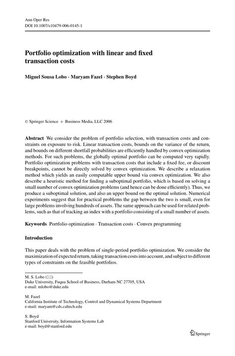 Pdf Portfolio Optimization With Linear And Fixed Transaction