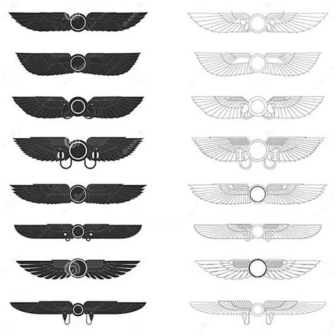 Vector Monochrome Icon Set With Ancient Egyptian Symbol Winged Sun