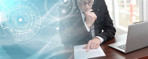 Senior Businessman Reading And Checking Document Lorem Ipsum Text Used