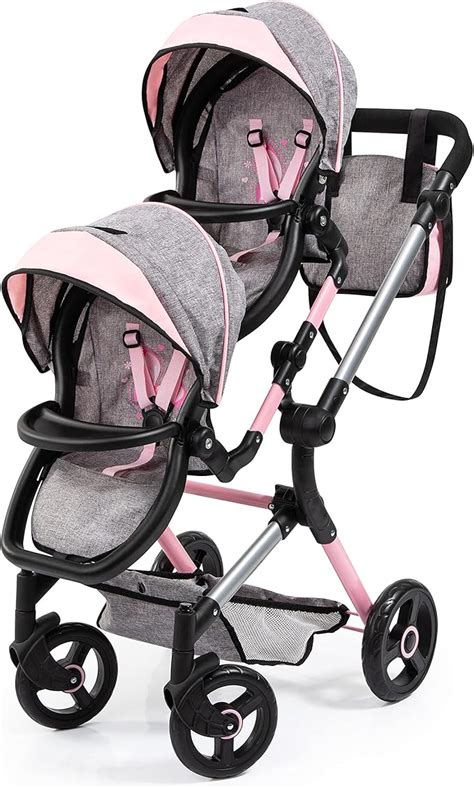 Bayer Twin Doll Pram Neo Grey Pink With Butterfly Jean