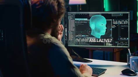 Programmer At Home Creating Conscious Ai Superintelligence Stock Image