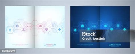 템플릿 브로셔 또는 표지 책 페이지 레이아웃 전단지 디자인 건강 관리 사업 혁신 의학 약국 기술에 대한 개념과 아이디어 평면 아이콘과 기호와 의료 배경 0명에 대한 스톡