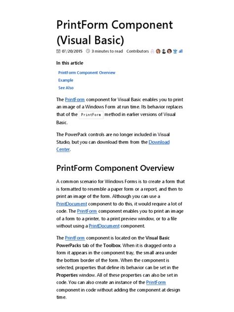 Printform Component Visual Basic Microsoft Docs Pdf Pdf Printer Computing Basic