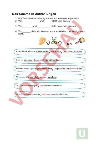 Arbeitsblatt Komma Aufzählungen Deutsch Grammatik