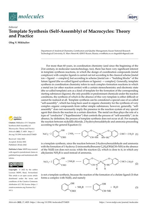 Pdf Template Synthesis Self Assembly Of Macrocycles Theory And