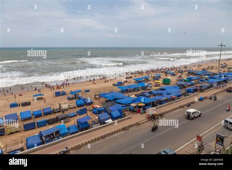 Aerial View Of Puri Sea Beach With Closed Shops And Highway Road At
