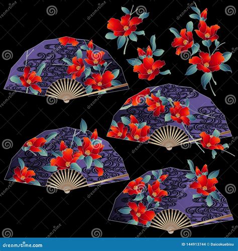 Japanese Style Floral Design Folding Fan Stock Vector Illustration