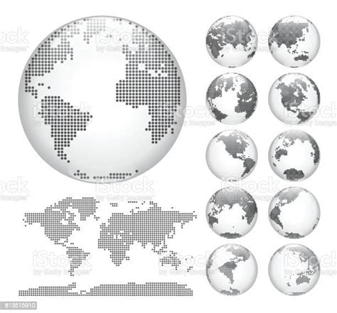 顯示地球與世界各大洲的地球儀虛線的世界地球儀向量向量圖形及更多一組物體圖片 一組物體 世界地圖 互聯網 Istock