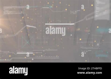 Animation Of Yellow Spots Floating Over Interface With Data Processing Against Grey Background
