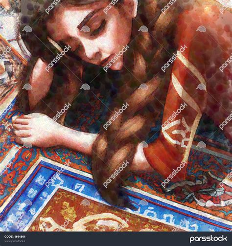 نقاشی دختر زیبای غمگین عاشق با چشمانی نافذ در انتظار بر روی فرش ایرانی 1644604