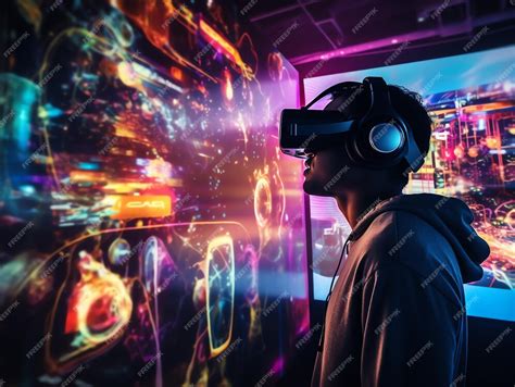 Premium Ai Image Young Man Using Virtual Reality Headset Looking Around At Interactive