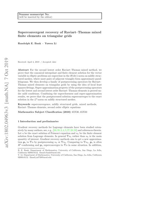 Pdf Superconvergent Recovery Of Raviartthomas Mixed Finite Elements