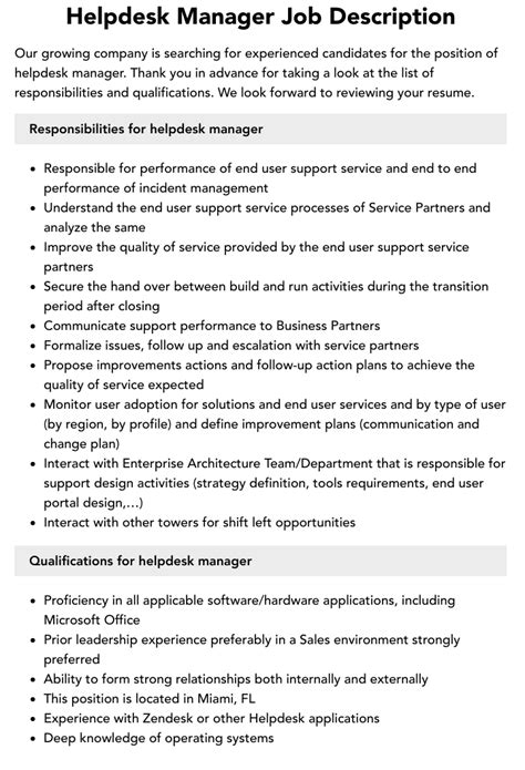 Helpdesk Manager Job Description Velvet Jobs