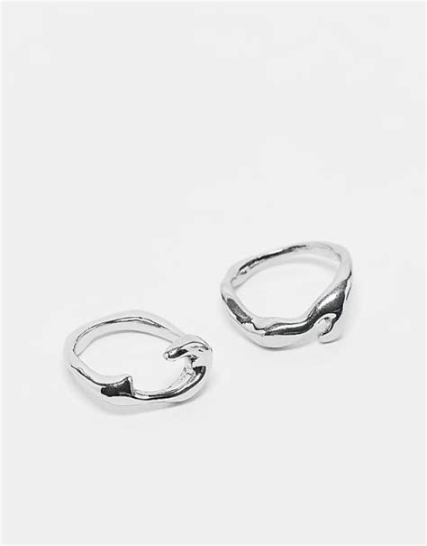 Asos Design 2 Pack Ring Set In Molten Design In Silver Tone Asos