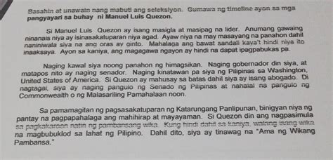 Basahin At Unawain Nang Mabuti Ang Seleksiyon Gumawa Ng Timeline Ayon