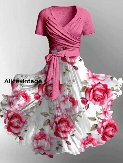 Retro Floral Art Printed Vintage Cross Fold Short Sleeve Two Piece Mid Alicevintage